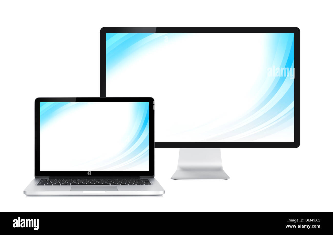 Computer display and laptop with colorful wallpaper. Front view ...