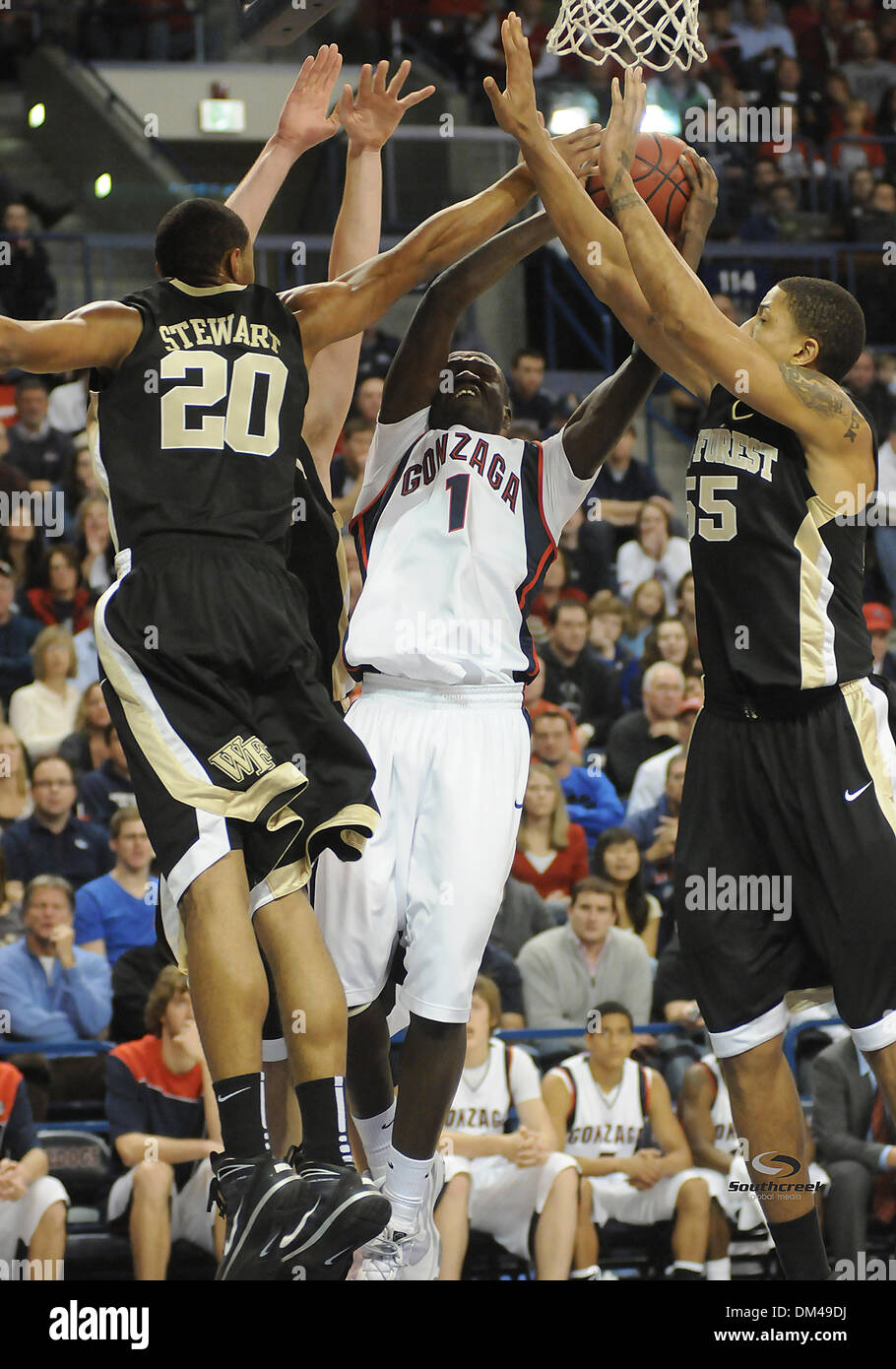 Gonzaga's Mangisto Arop (1) tries to go up for a basket as the Wake ...
