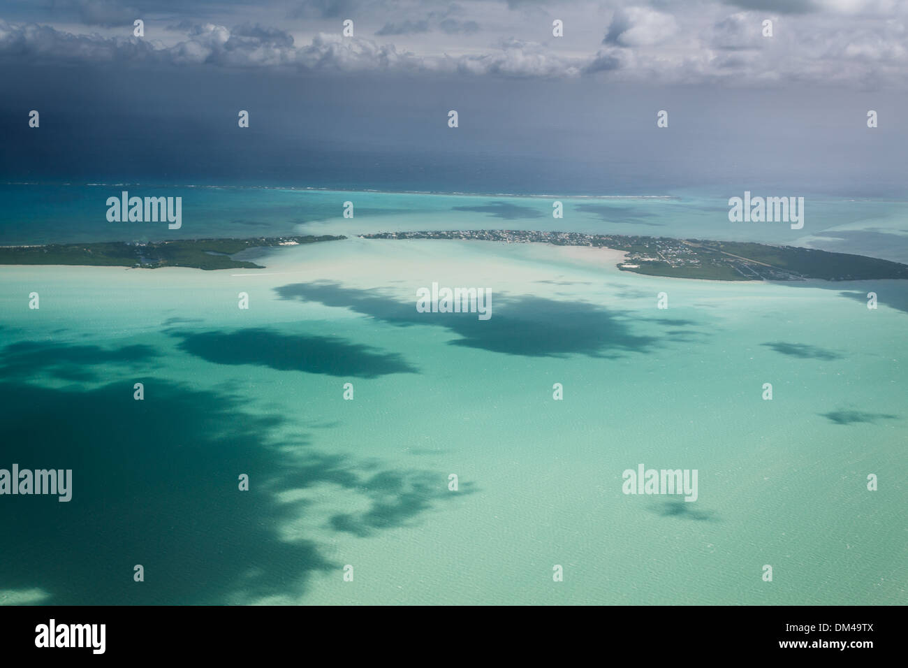 Aerial view of Key or Caye Caulker on the barrier reef off the coast of ...