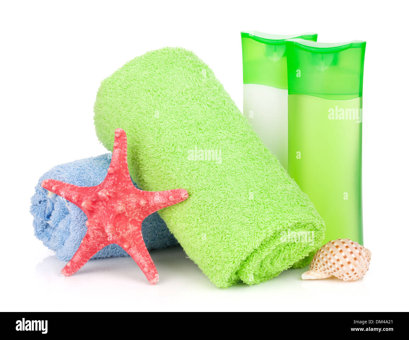 Bath bottles, towel and starfish. Isolated on white background Stock ...