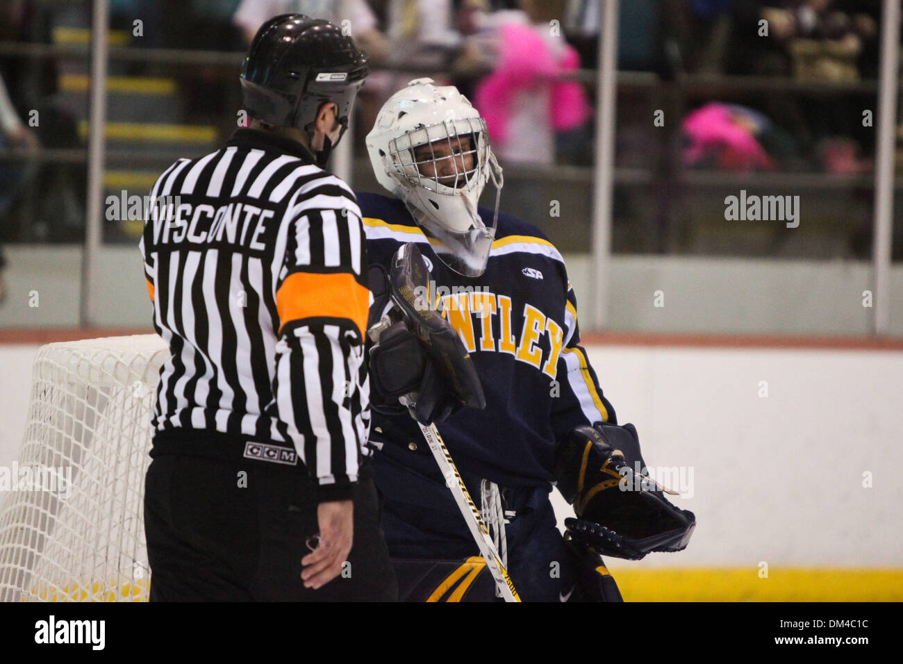 Bentley's Kyle Rank (1) talks to the official during a time out in the ...
