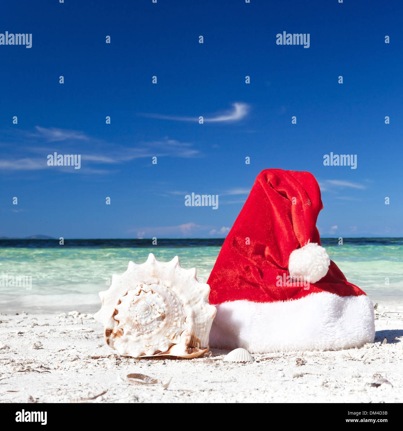 Red Santa Claus hat on beach with seashell, Travel Christmas concept ...