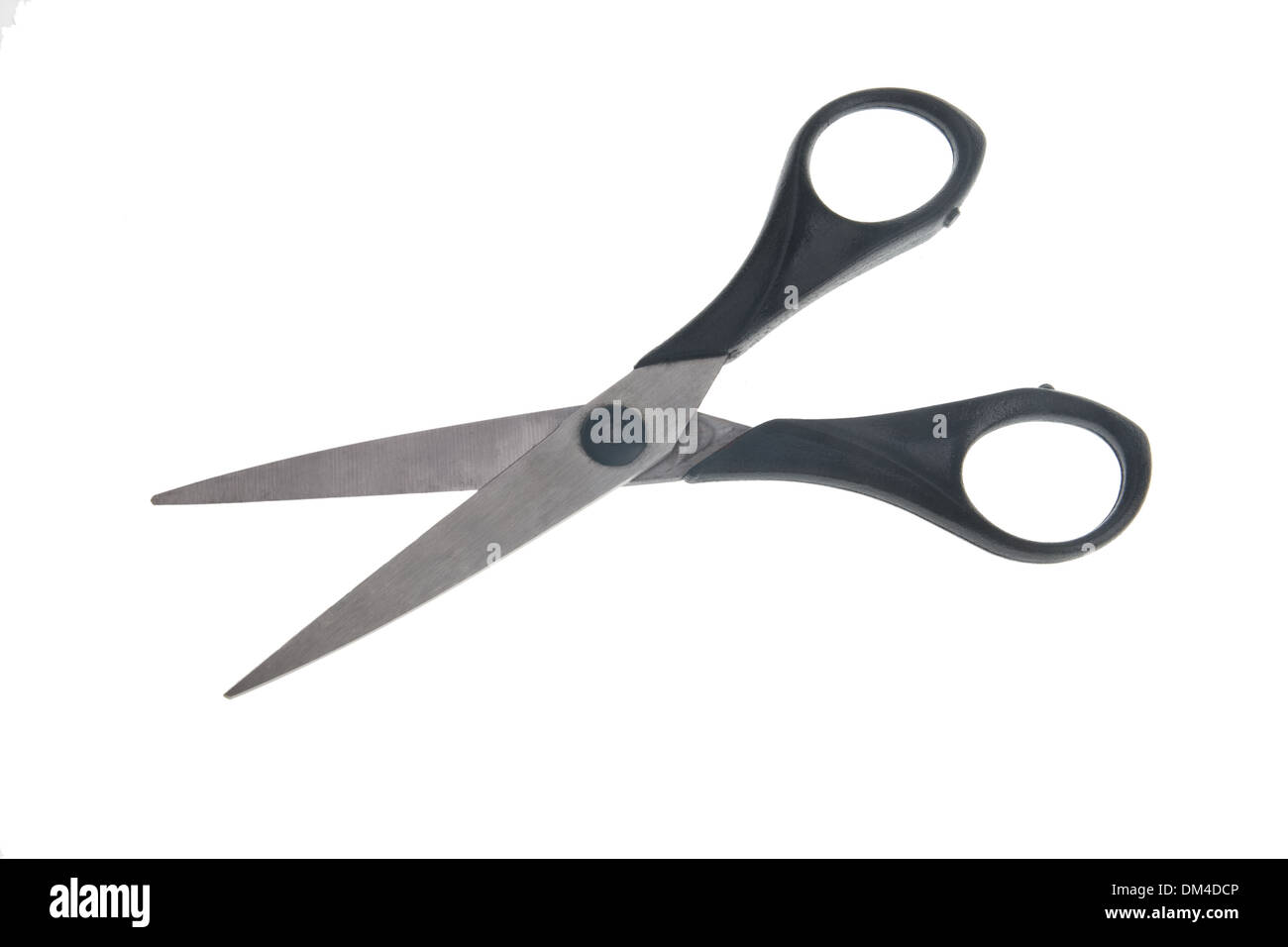 Steel scissors with black handles over white background Stock Photo - Alamy