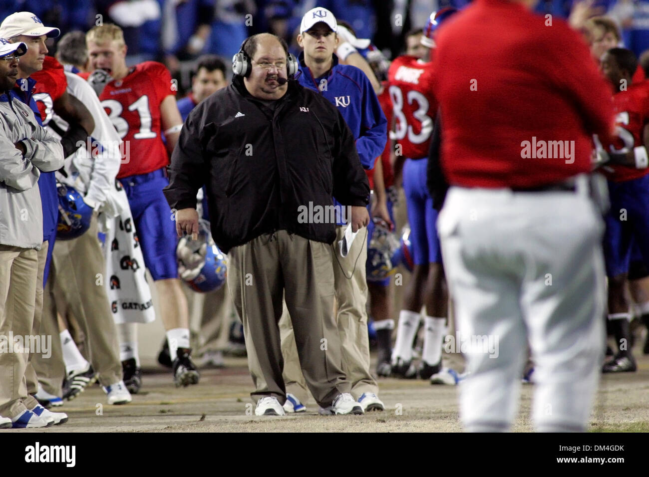 Kansas coach Mark Mangino watches from the sideline during game action between the Kansas ...