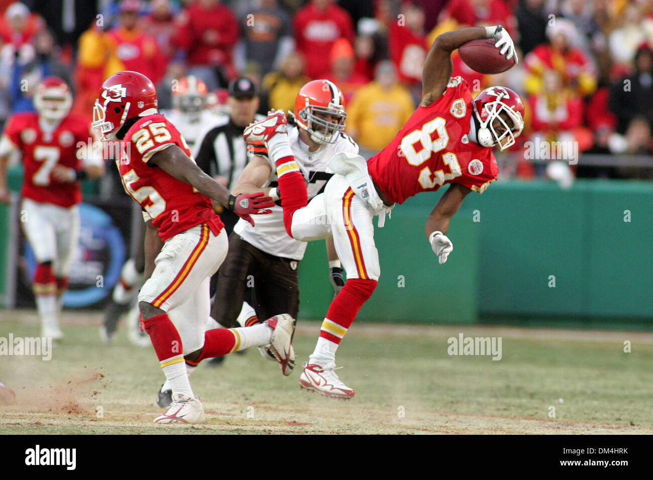 Kansas City Chiefs wide receiver Mark Bradley (83) is tripped up by ...