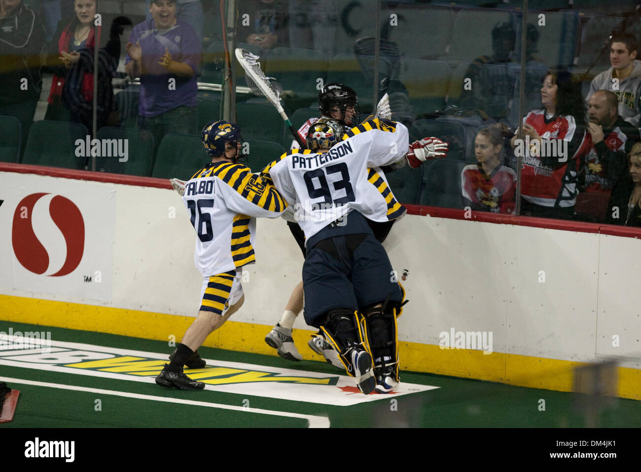 Minnesota Swarm defenseman Noah Talbot (16) and goaltender Nick ...