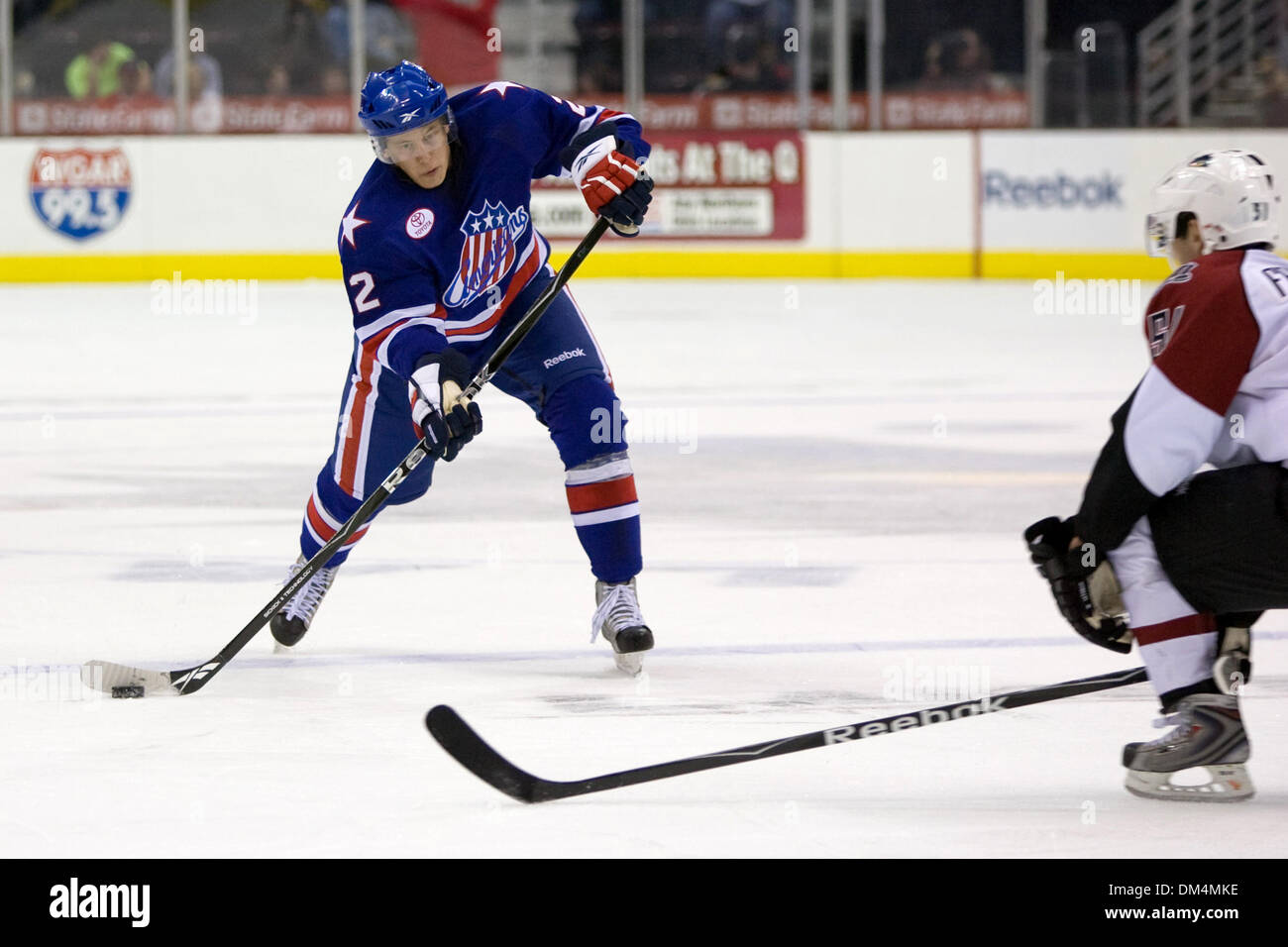 22 December 2009: Lake Erie Monsters Tom Fritsche (51) goes down to ...