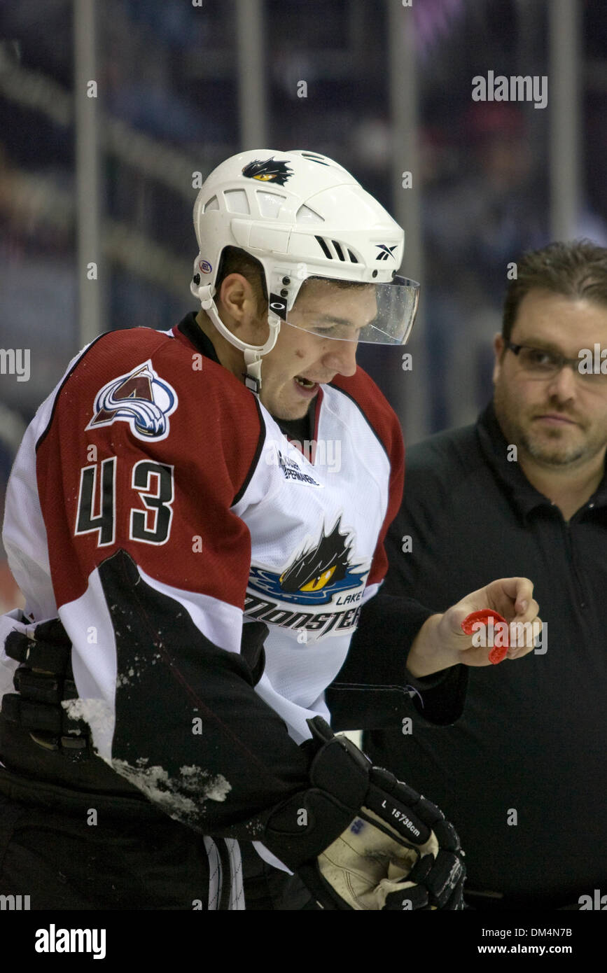 29 December 2009: Lake Erie Monsters Justin Mercier (43) is helped from ...