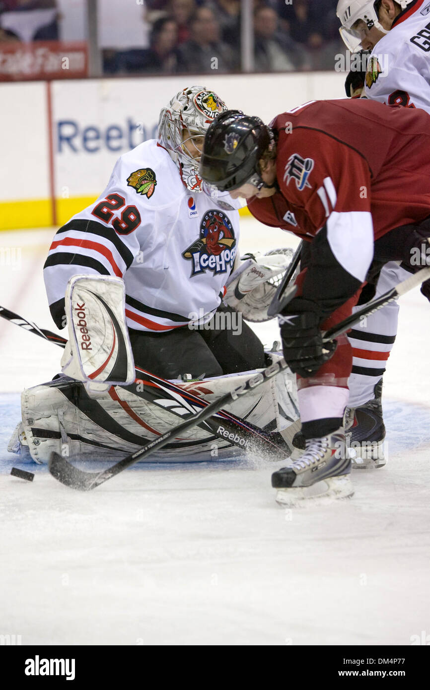 05 February 2010: Lake Erie Monsters Randy Rowe (11) shoots the puck ...