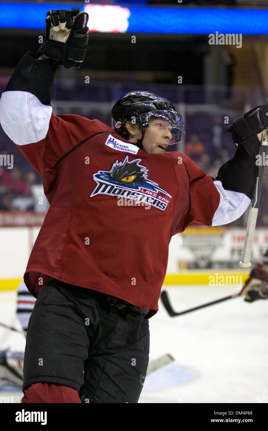 05 February 2010: Lake Erie Monsters Randy Rowe (11) celebrates scoring ...