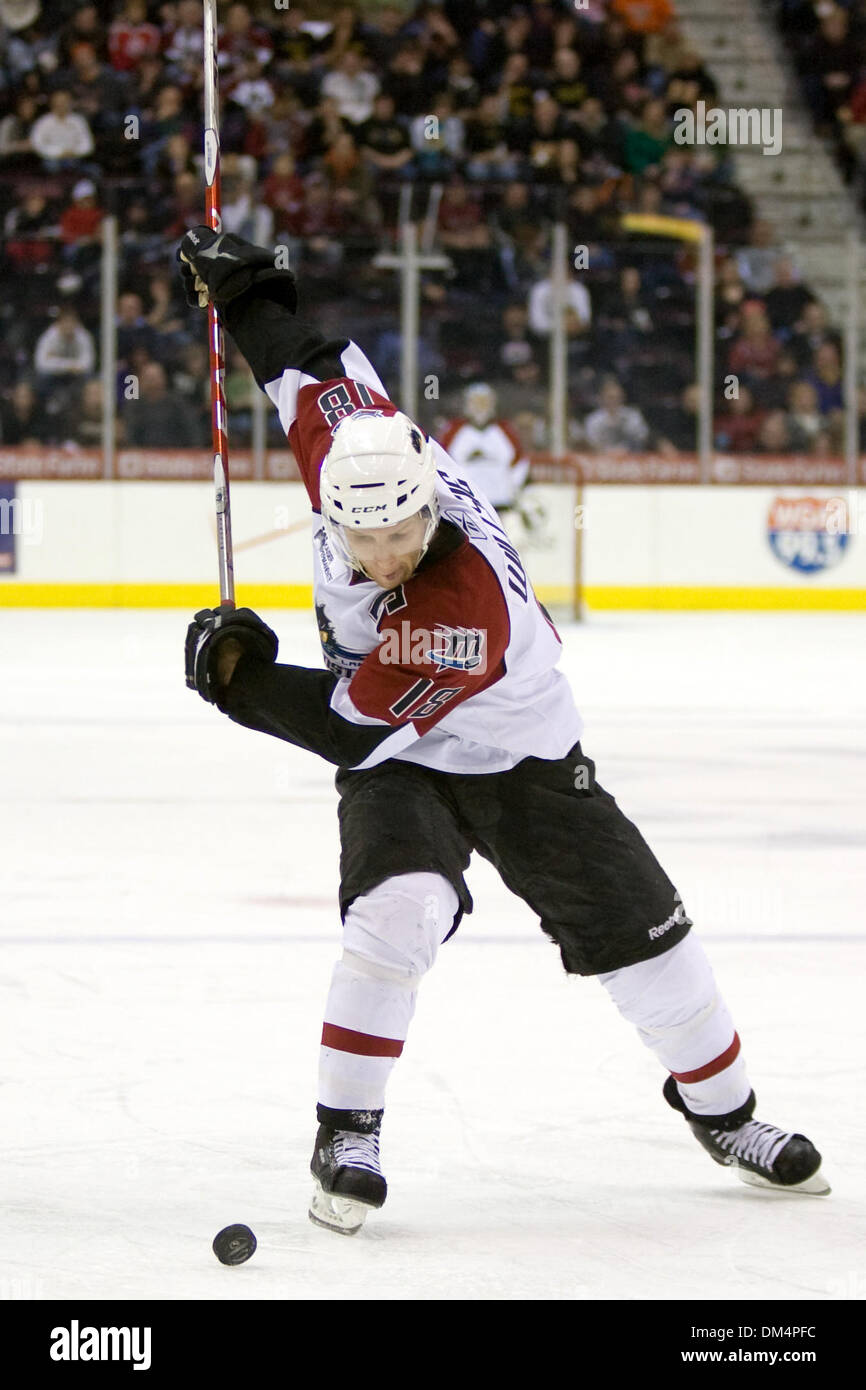 12 February 2010: Lake Erie Monsters Brian Willsie (18) fires a shot ...