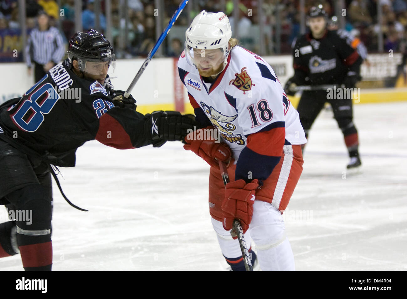 27 February 2010: Lake Erie Monsters Tom Preissing (28) defends against ...