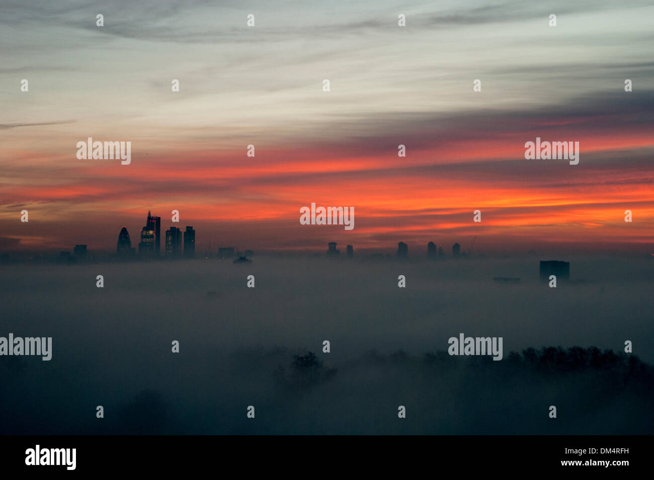 London, UK. 11th December 2013. Dense fog closes the view of London ...