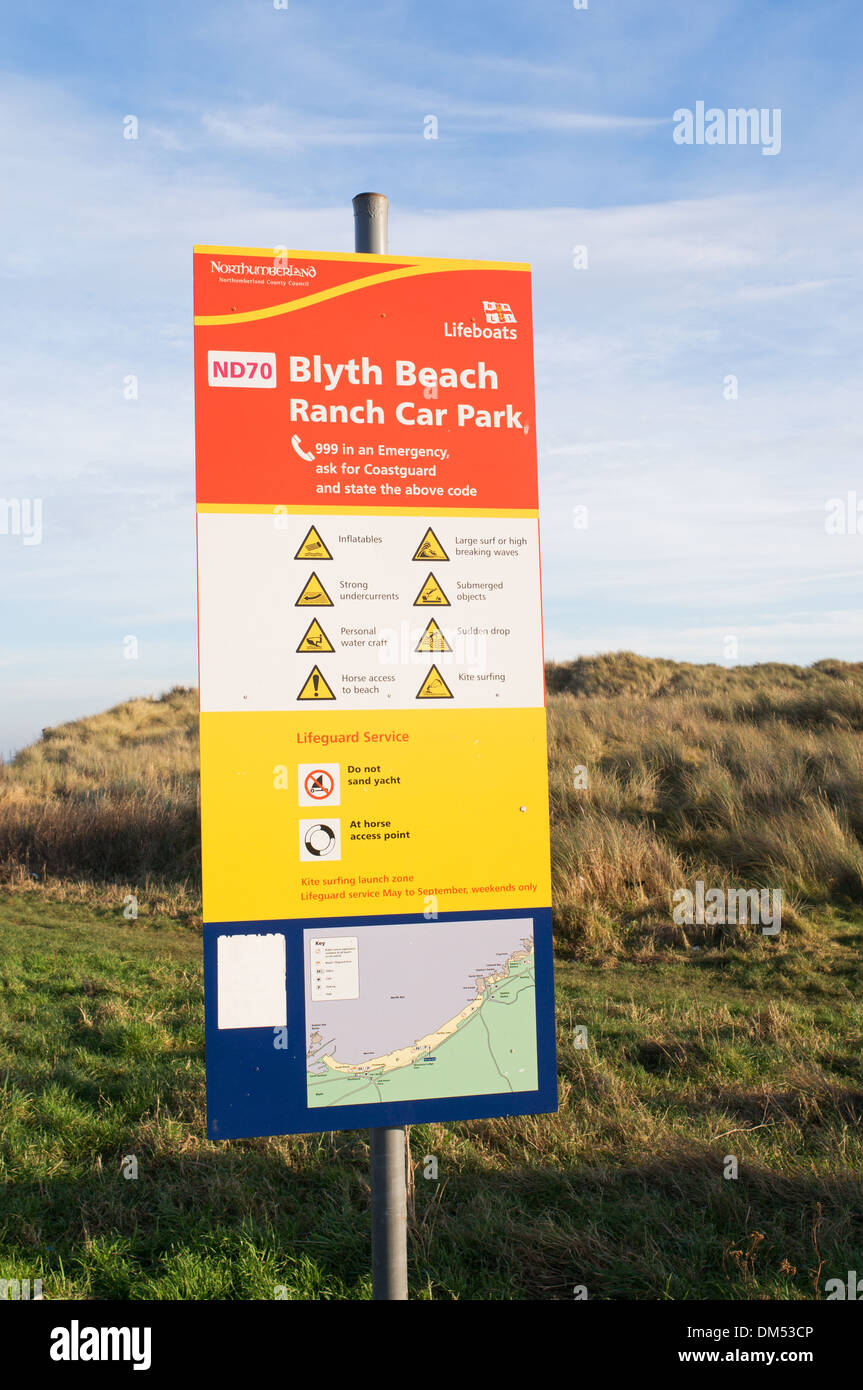RNLI safety notice above the sand dunes Blyth Beach Ranch Car Park ...