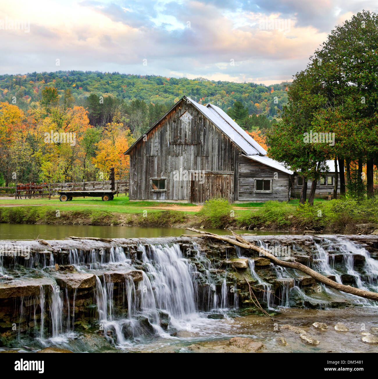 A Pastoral Scene, Old Barn And Waterfall During Autumn In New England ...