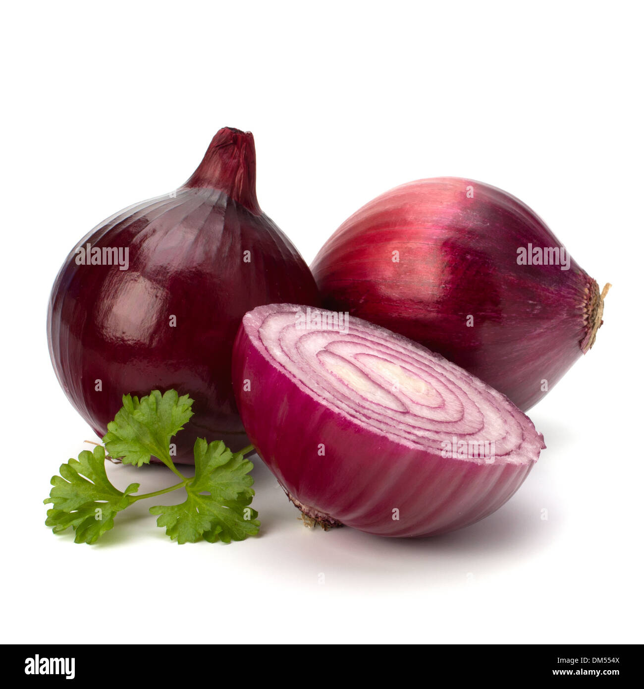 Red sliced onion and fresh parsley still life isolated on white ...