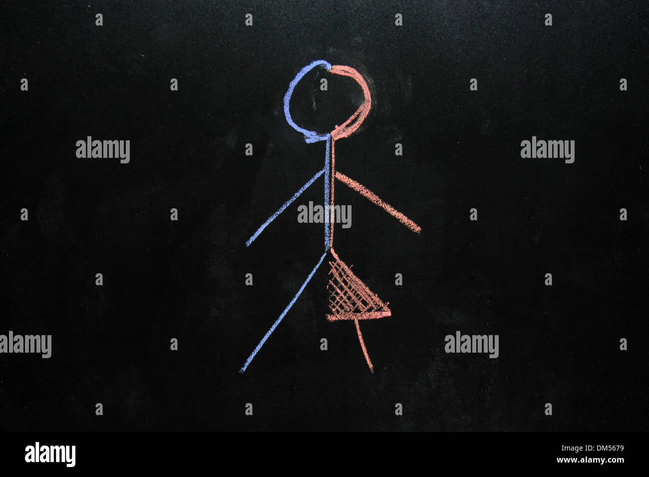 A half female-half male stick figure drawn on a blackboard in chalk ...