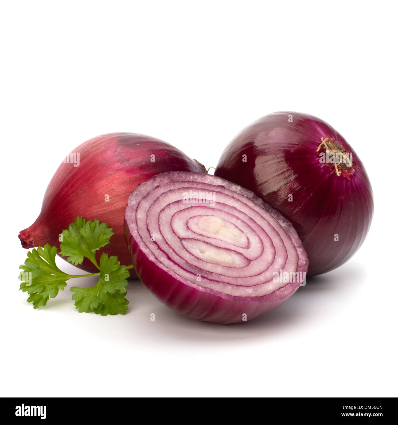 Red sliced onion and fresh parsley still life isolated on white ...