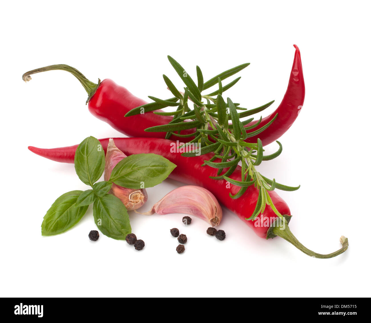 Chili pepper and flavoring herbs isolated on white background Stock ...