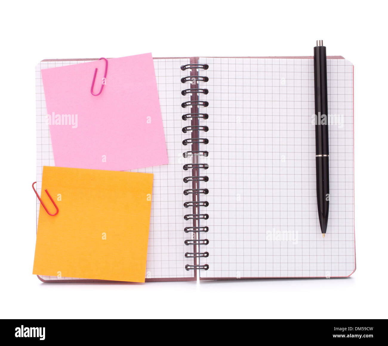 Blank checked notebook with notice papers isolated on white background ...