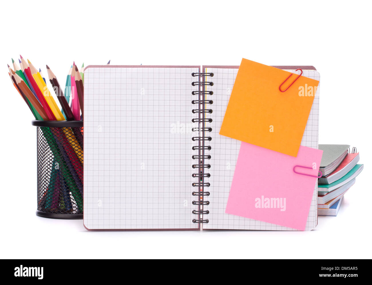 Blank checked notebook with notice papers isolated on white background ...