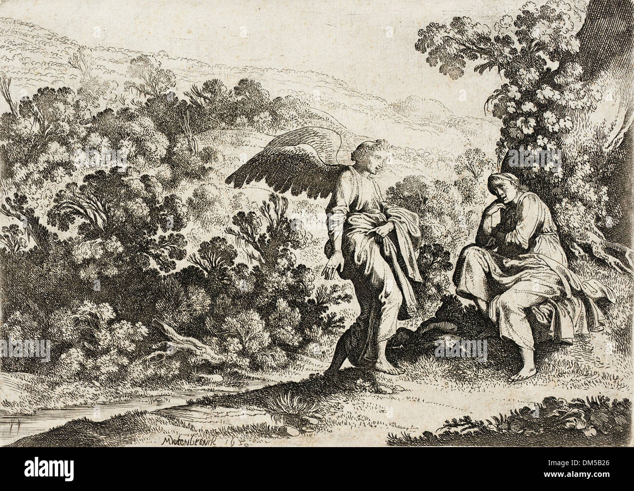 This artwork depicts an angelic figure alongside a seated human figure ...