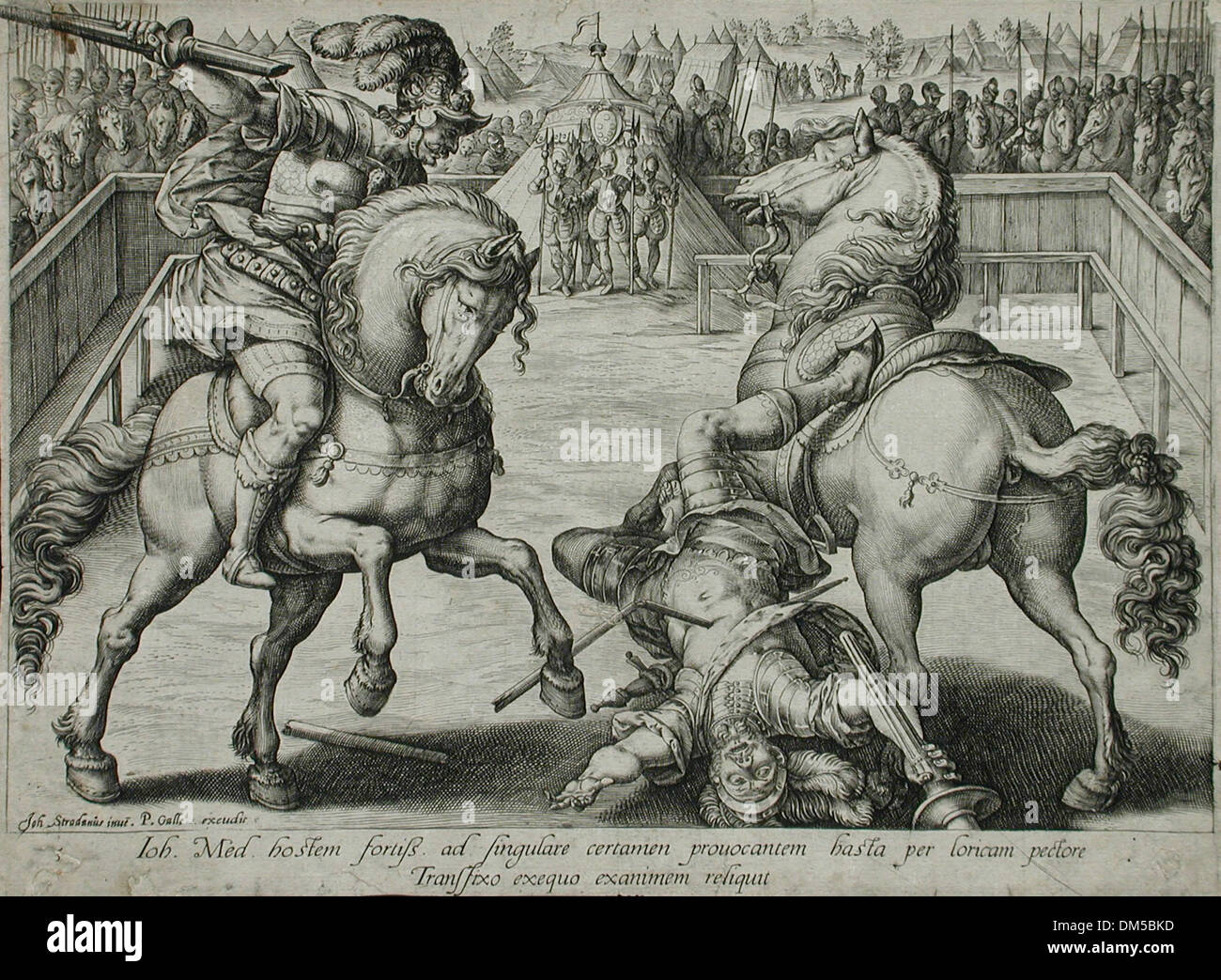 This painting captures a dramatic moment of a duel on horseback ...