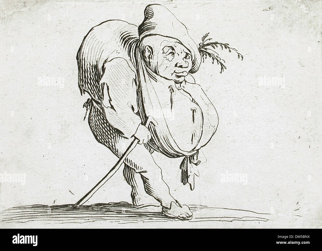 This artwork depicts a hunchbacked figure with a cane, portraying a ...