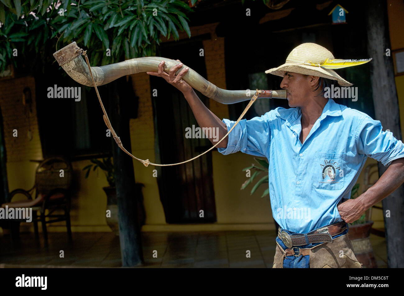 Pantaneiro cowboy blowing cow horn , The Pantanal, Mato Grosso, Brazil ...