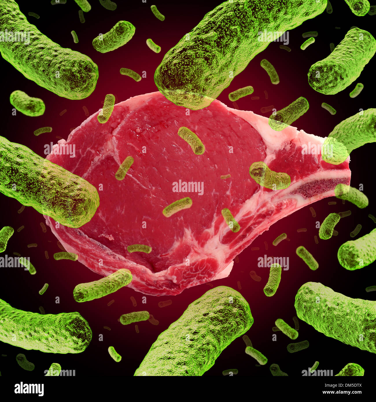 Meat contamination and tainted food concept with a raw red beaf steak ...