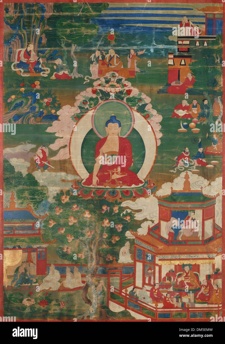 This artwork depicts Buddha Shakyamuni, accompanied by narrative scenes ...