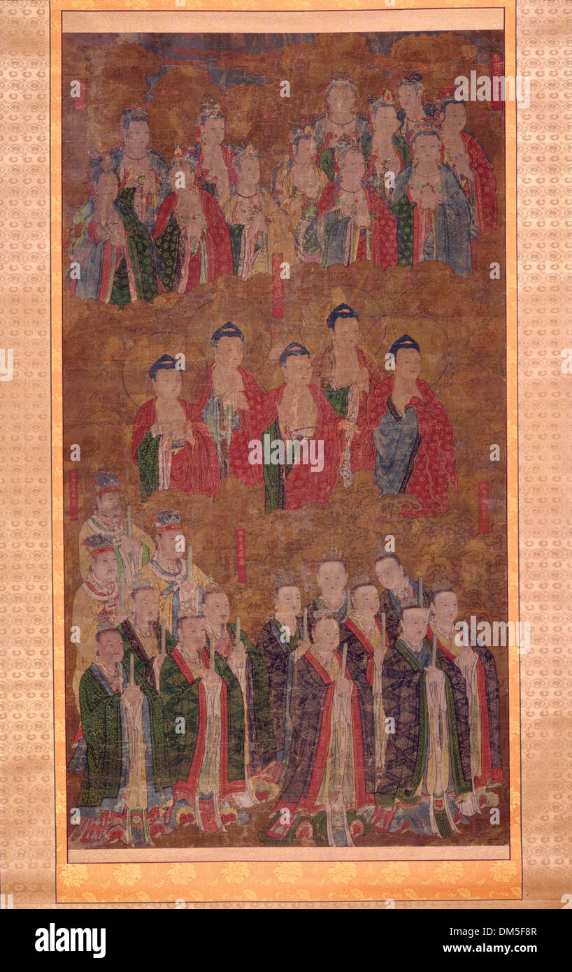 This artwork depicts the Celestial Buddhas and deities associated with ...