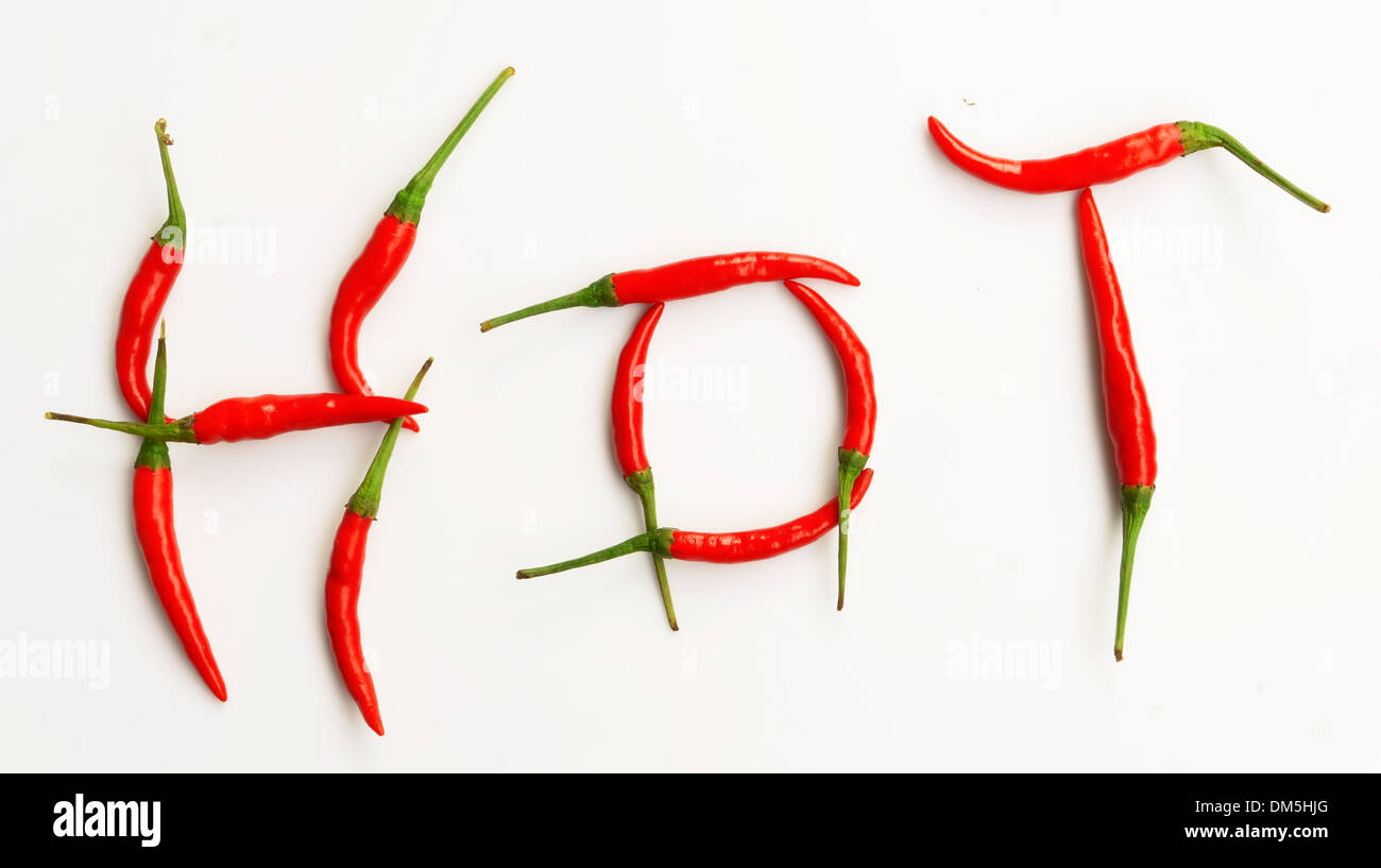HOT text composed of chili peppers. Isolated on white background Stock ...