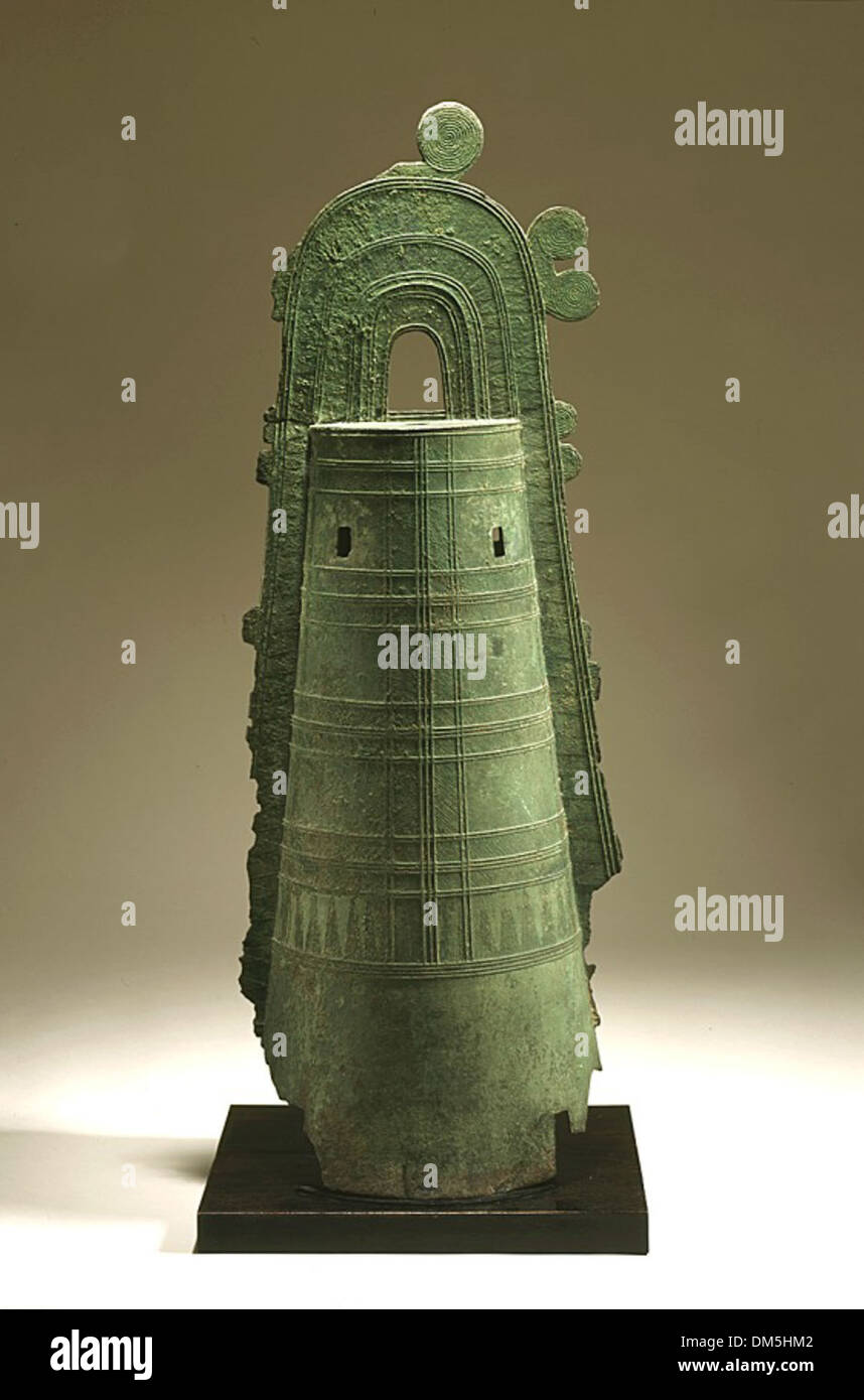 This dotaku, an ancient Japanese ritual bell, is intricately designed ...