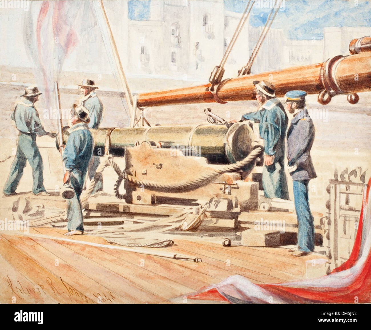 This historical depiction shows soldiers engaging in firing practice on ...