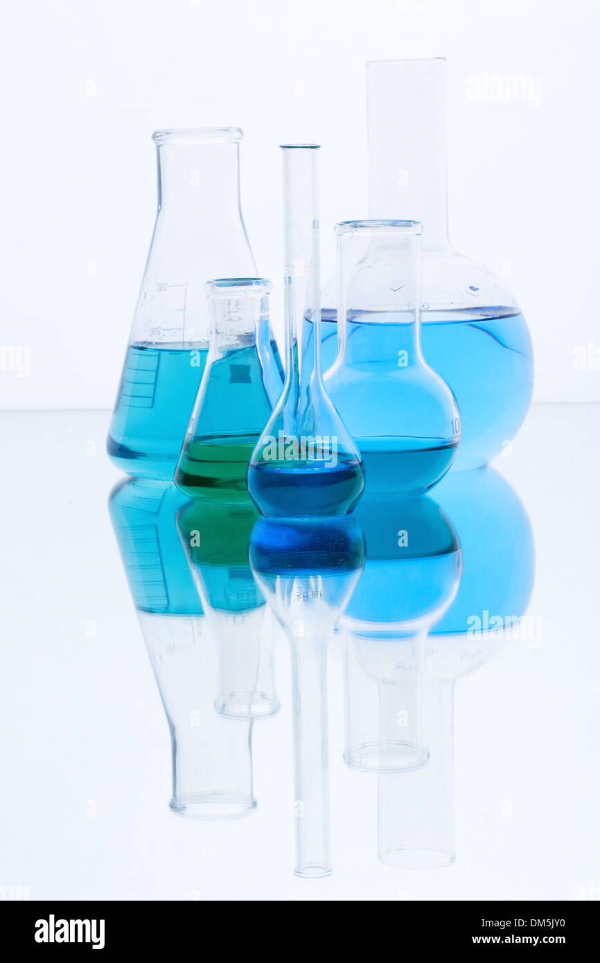 Image of several flasks with blue liquid in laboratory Stock Photo - Alamy