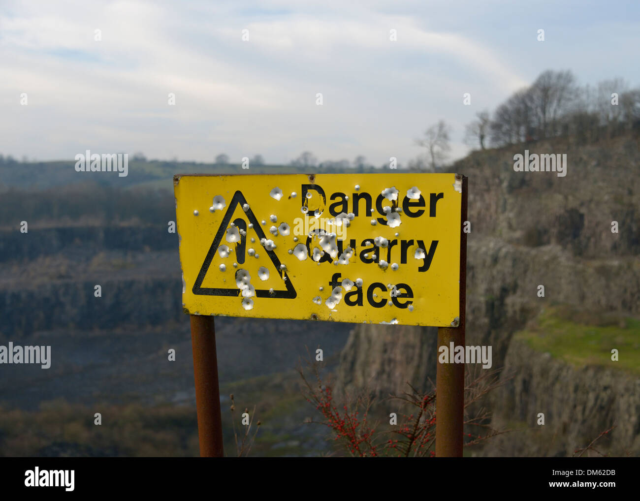 'Danger Quarry face', vandalised warning notice. Kendal Quarry, Kendal ...