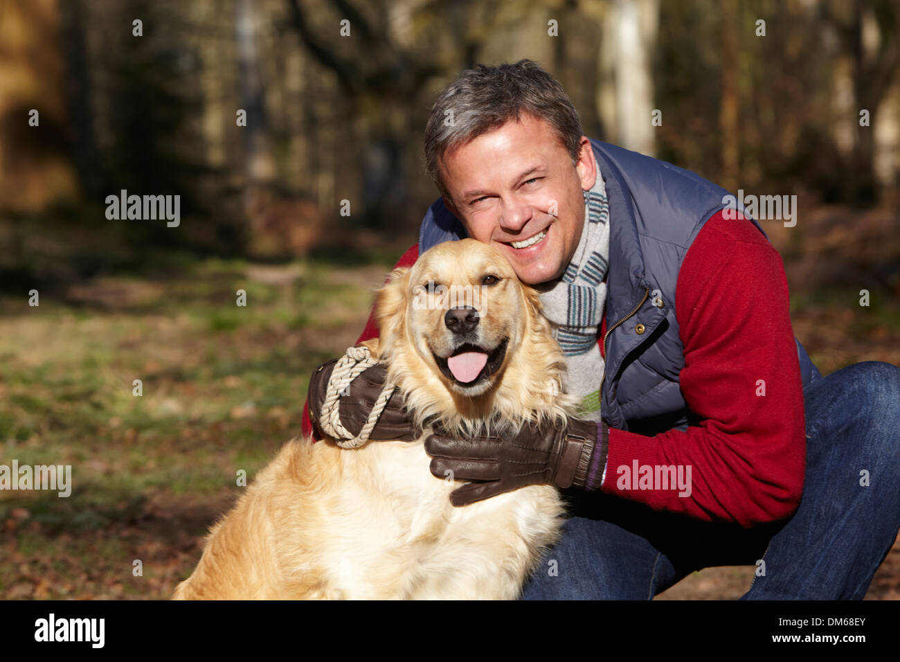 Man Taking Dog On Walk Through Autumn Woods Stock Photo - Alamy