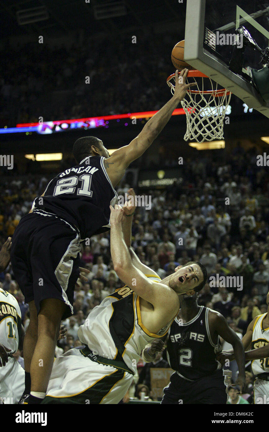 May 19, 2005; Seattle, WA, USA; San Antonio Spurs TIM DUNCAN is fouled ...