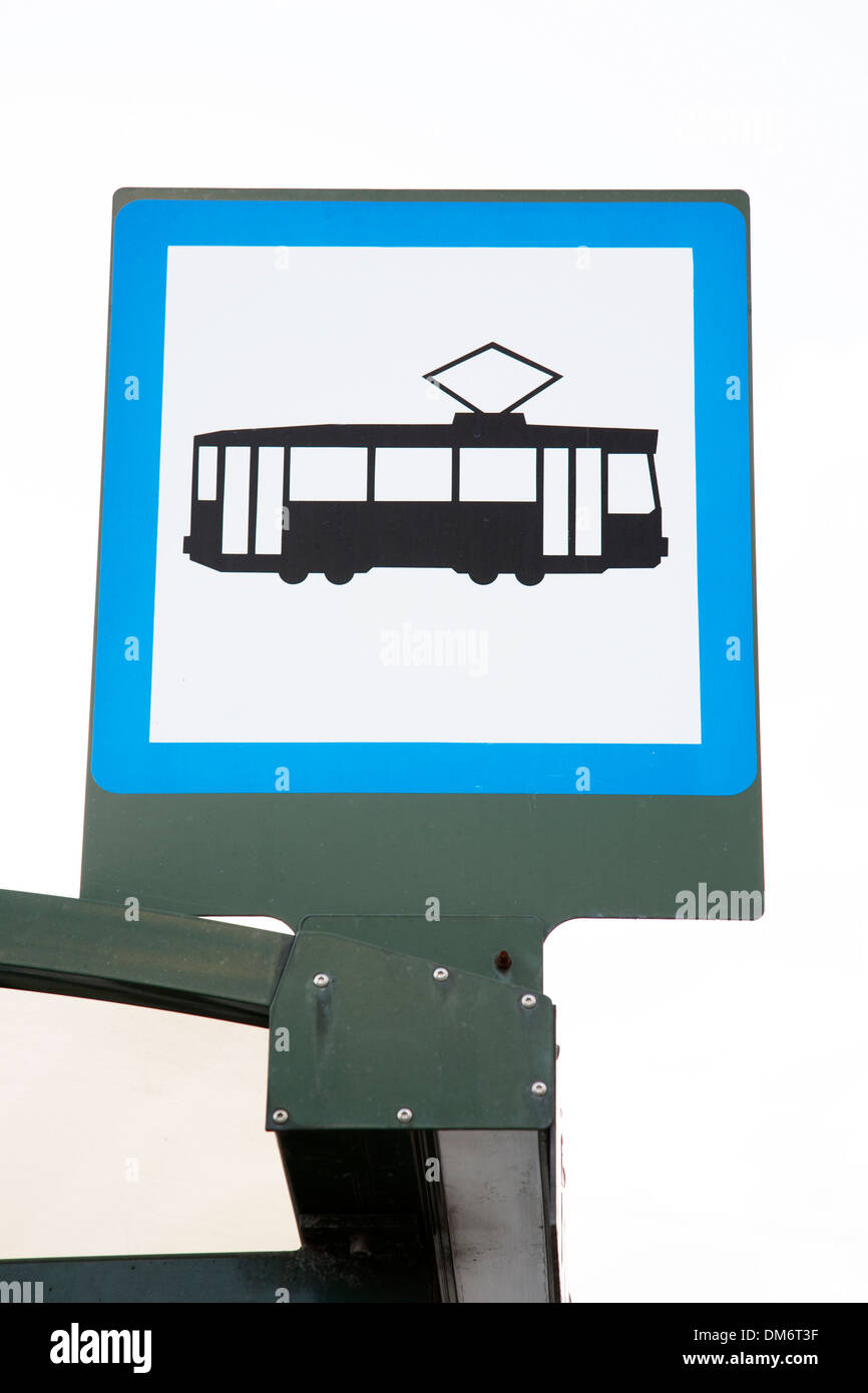 Blue and White Tram Stop Sign on White Background Stock Photo - Alamy
