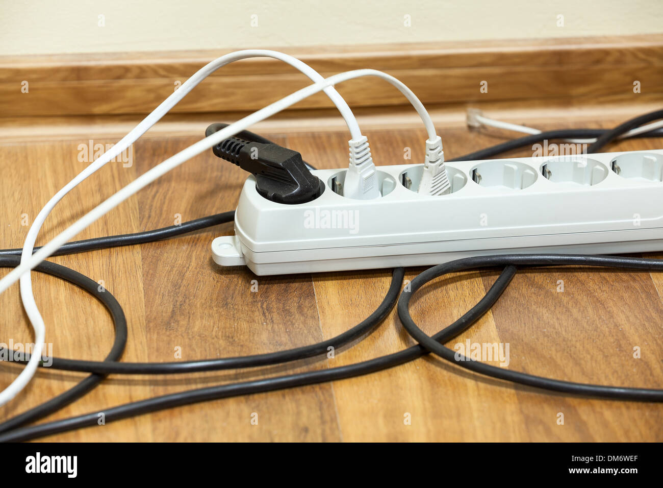 European style connectors in the electric power bar on office floor ...
