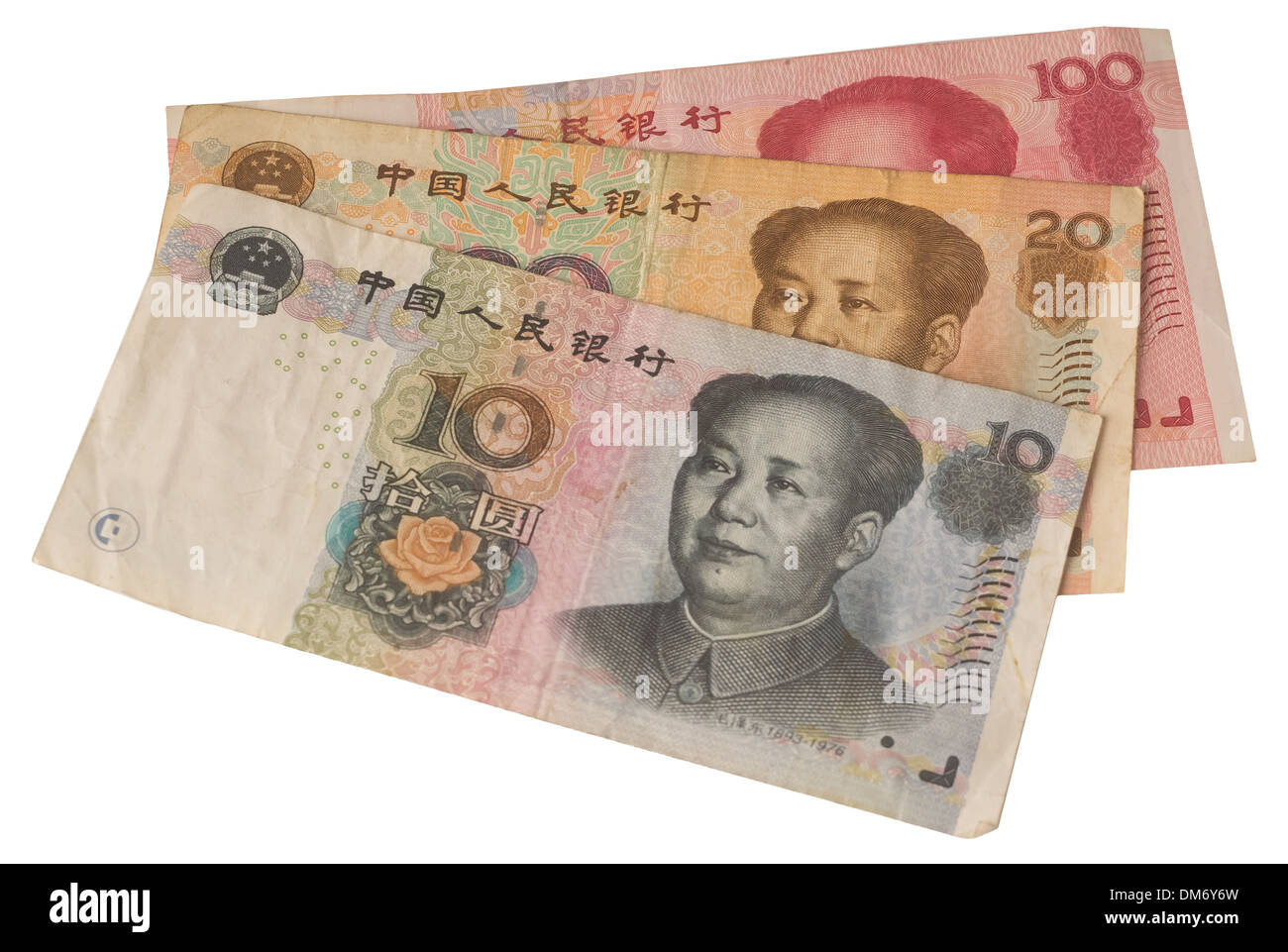 used chinese notes in white background Stock Photo - Alamy