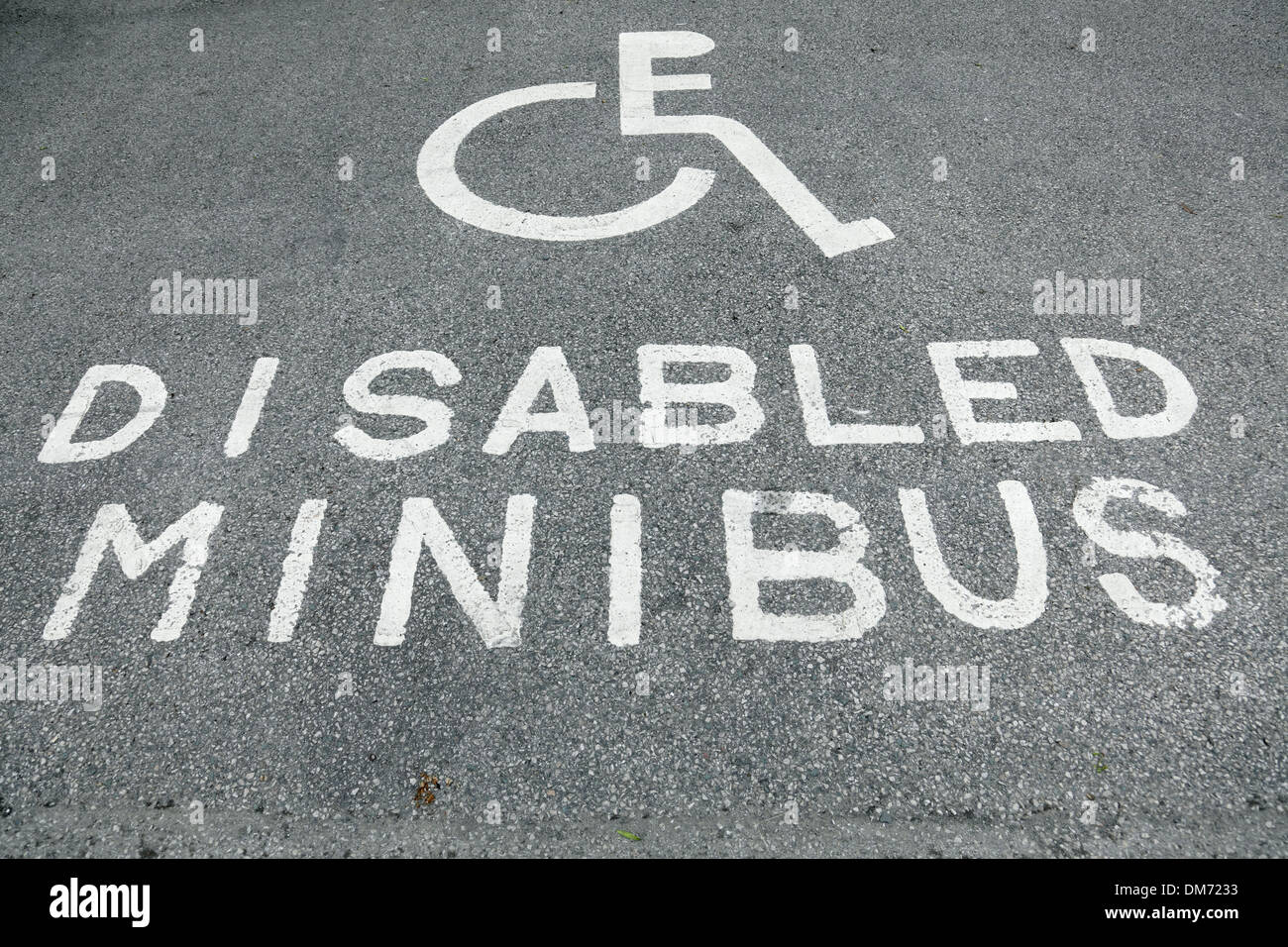 A disabled parking space sign for a Minibus painted on the road surface ...