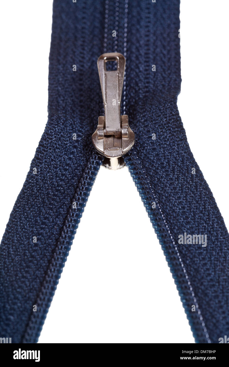 slider on blue zip fastener close up isolated on white background Stock ...