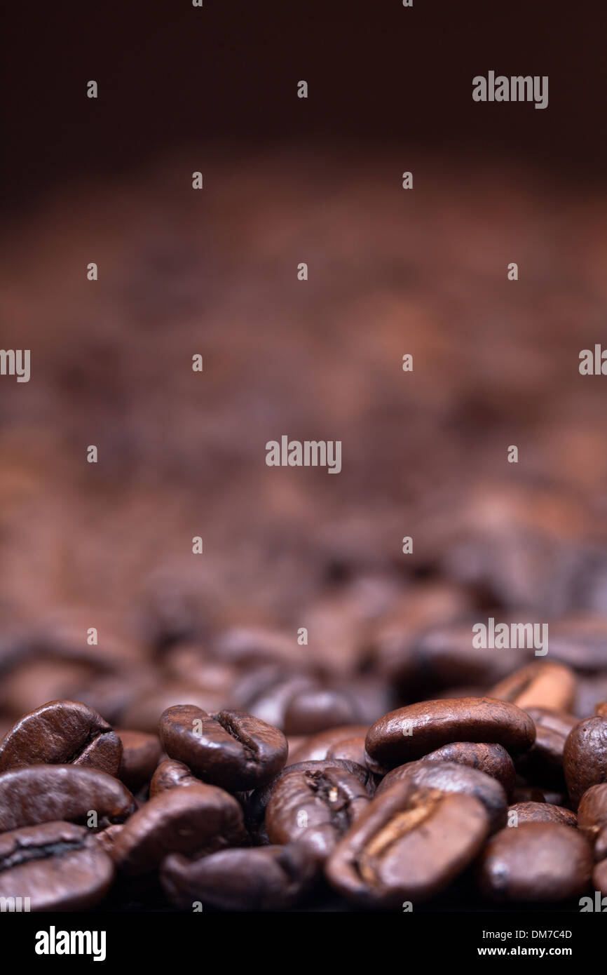 strong roasted coffee beans black background with focus foreground ...