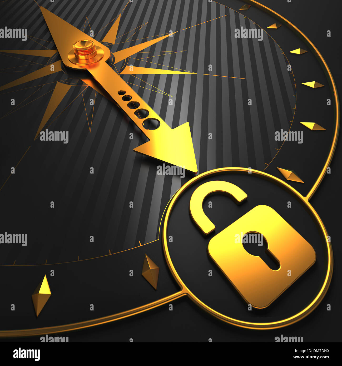 Golden Icon of Opened Padlock on Black Compass Stock Photo - Alamy