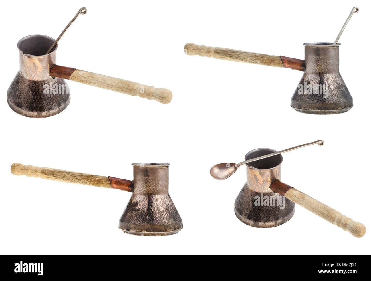 set of vintage long-handled copper pot isolated on white background ...