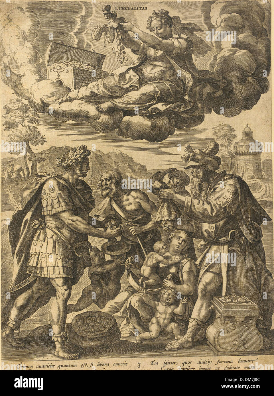 This artwork depicts a scene of liberality, featuring the Roman figures ...