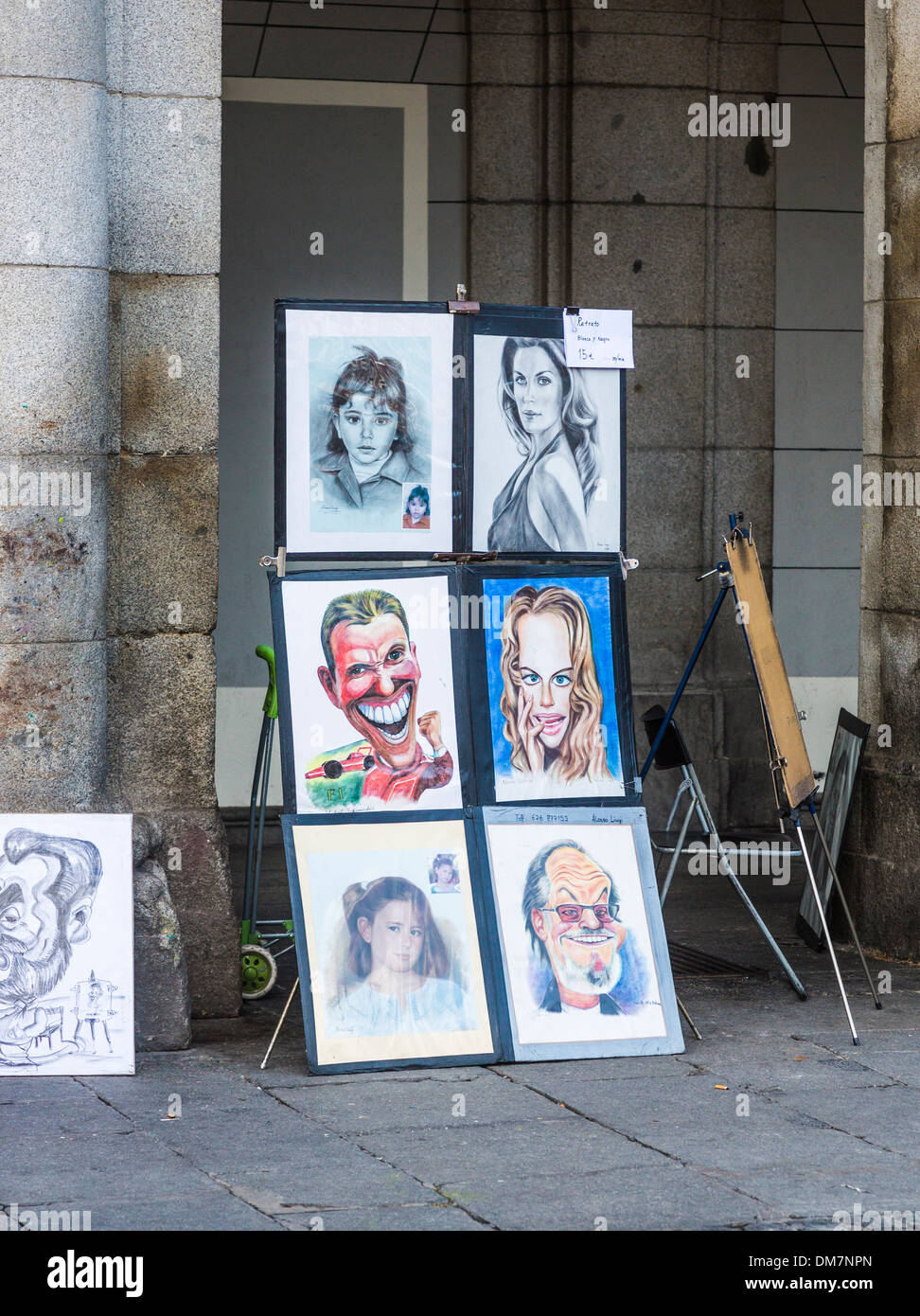 Pavement artist cartoons: souvenirs for tourists in Madrid, Spain Stock ...