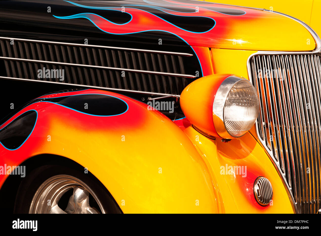 Chrome and flame details on a vintage Hot Rod Stock Photo - Alamy